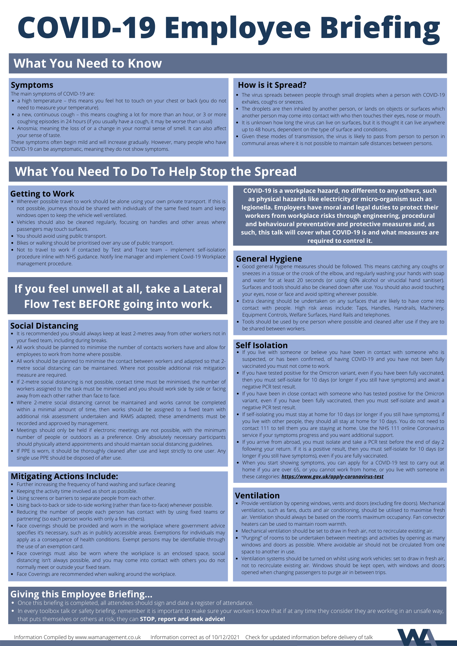 COVID-19 Employee Briefing December 2021 | WA Management